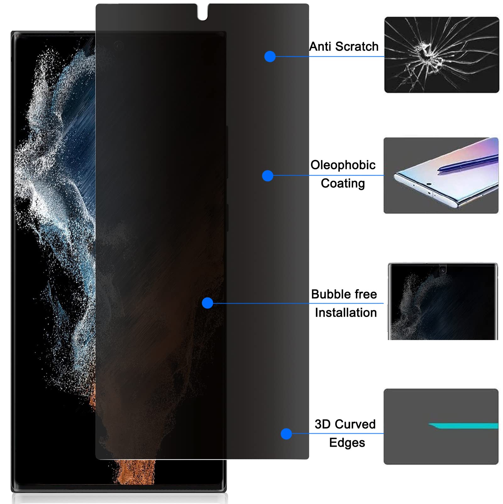 Galaxy S22 Ultra Privacy Screen Protector, [Case Friendly] [Support Fingerprint Unlock] Soft Film for Samsung Galaxy S22 Ultra 5G (6.8"), Full Adhesive, Anti-Scratch, 3D Curve Fit, Touch Sensitive