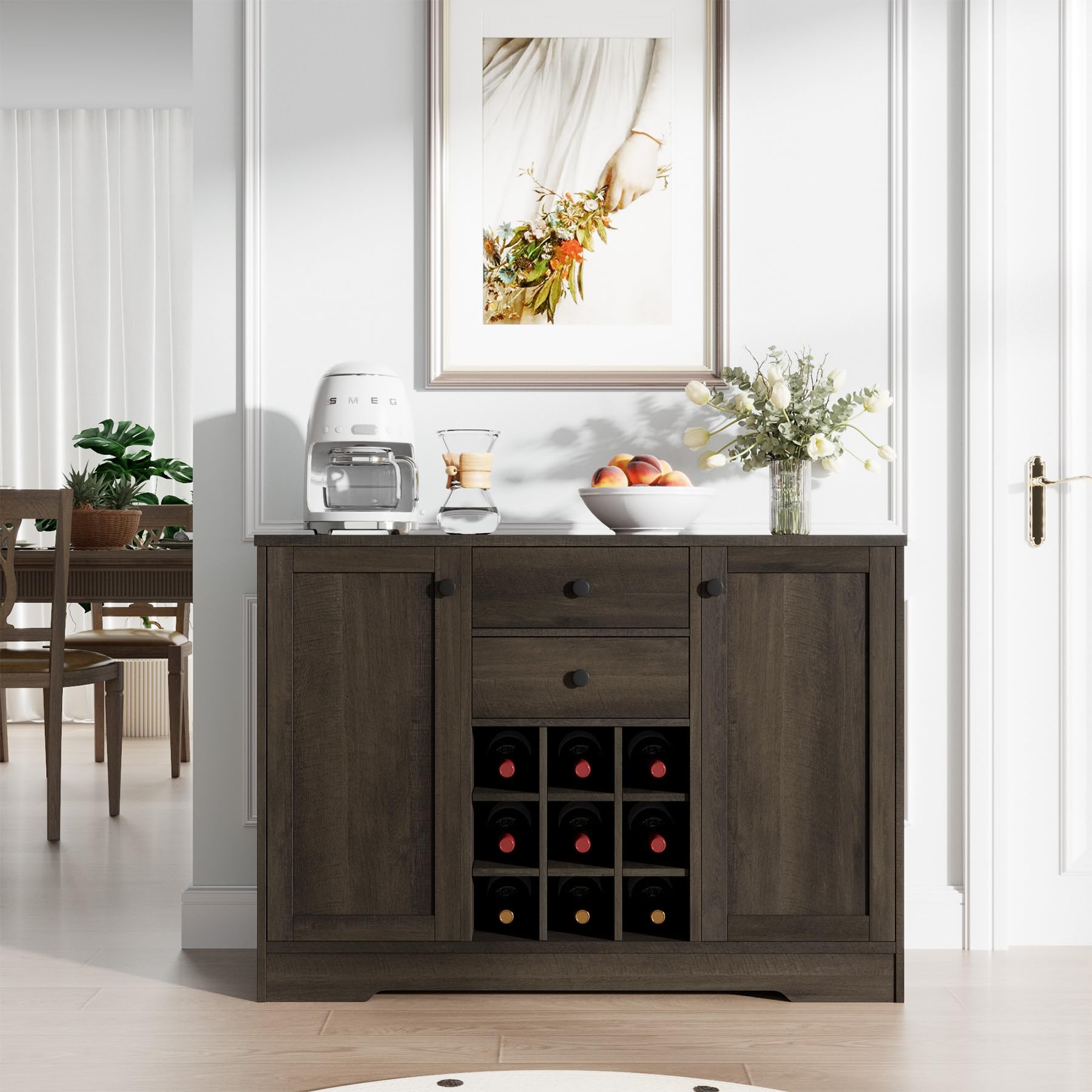 BOTLOG Buffet Sideboard Bar Cabinet with Storage, Farmhouse Coffee Bar Cabinet with 2 Drawers and Adjustable Shelves, 43.3β Kitchen Buffet Storage Cabinet for Kitchen, Dining Room (Dark Brown)