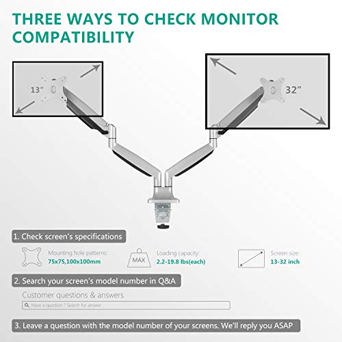 EleTab Dual Monitor Mount Stand Full Motion Swivel Gas Spring LCD Arm Fits for 2 Computer Screens 13 to 32 inches - Each Arm Holds up to 19.8 lbs