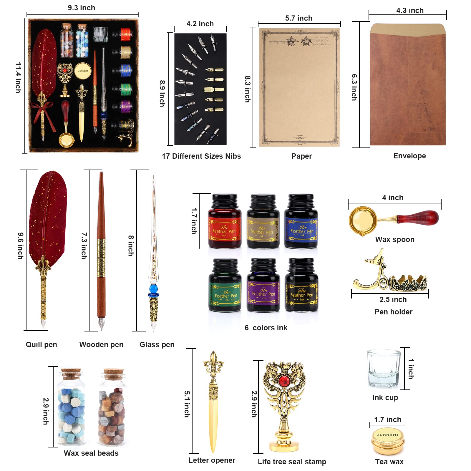 Junhartt Quill Feather Pen and Ink Set, Calligraphy Pen Glass Dip Pen and Wax Seal Stamp Kit (Red)