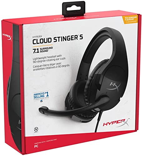 HyperX Cloud Stinger S – Gaming Headset, for PC, Virtual 7.1 Surround Sound, Lightweight, Memory Foam, Soft Leatherette, Durable Steel Sliders, Swivel-to-Mute Noise-Cancelling Microphone, Black