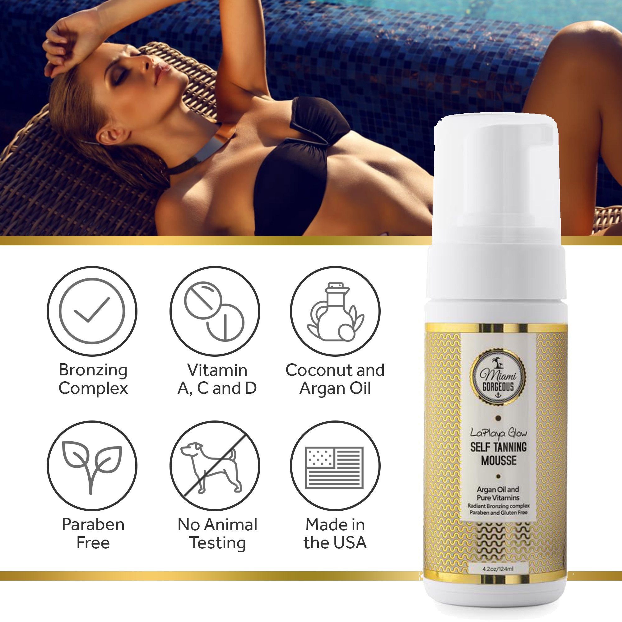 Miami Gorgeous Self Tanning Mousse LaPlaya Glow Instant Self Tanner Bronzing Mousse to Tan Skin Organic Ingredients Best Natural Self Tanner Satisfaction Guarantee 4.2 oz