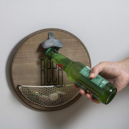 Foreside Home and Garden Rustic Wood Wall Mount Beer Bottle Opener with Metal Basket, Brown