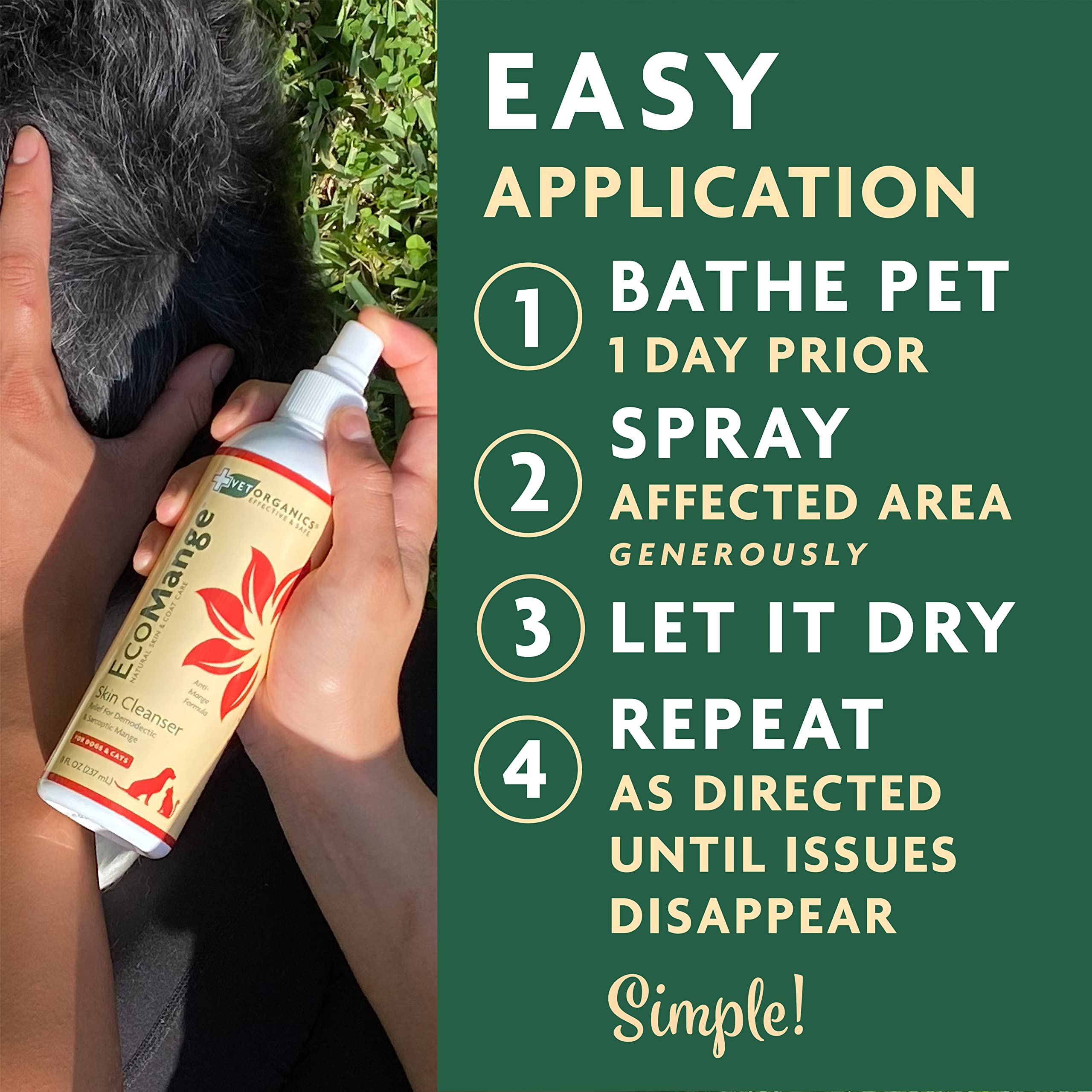 EcoMange Mange Relief for Dogs & Cats β 8 Oz. Cat & Dog Itch Relief, Sarcoptic & Demodectic Mite Spray β Herbal Extract & Essential Oil Itch Relief for Dogs β Natural Cat & Dog Sprays by Vet Organics
