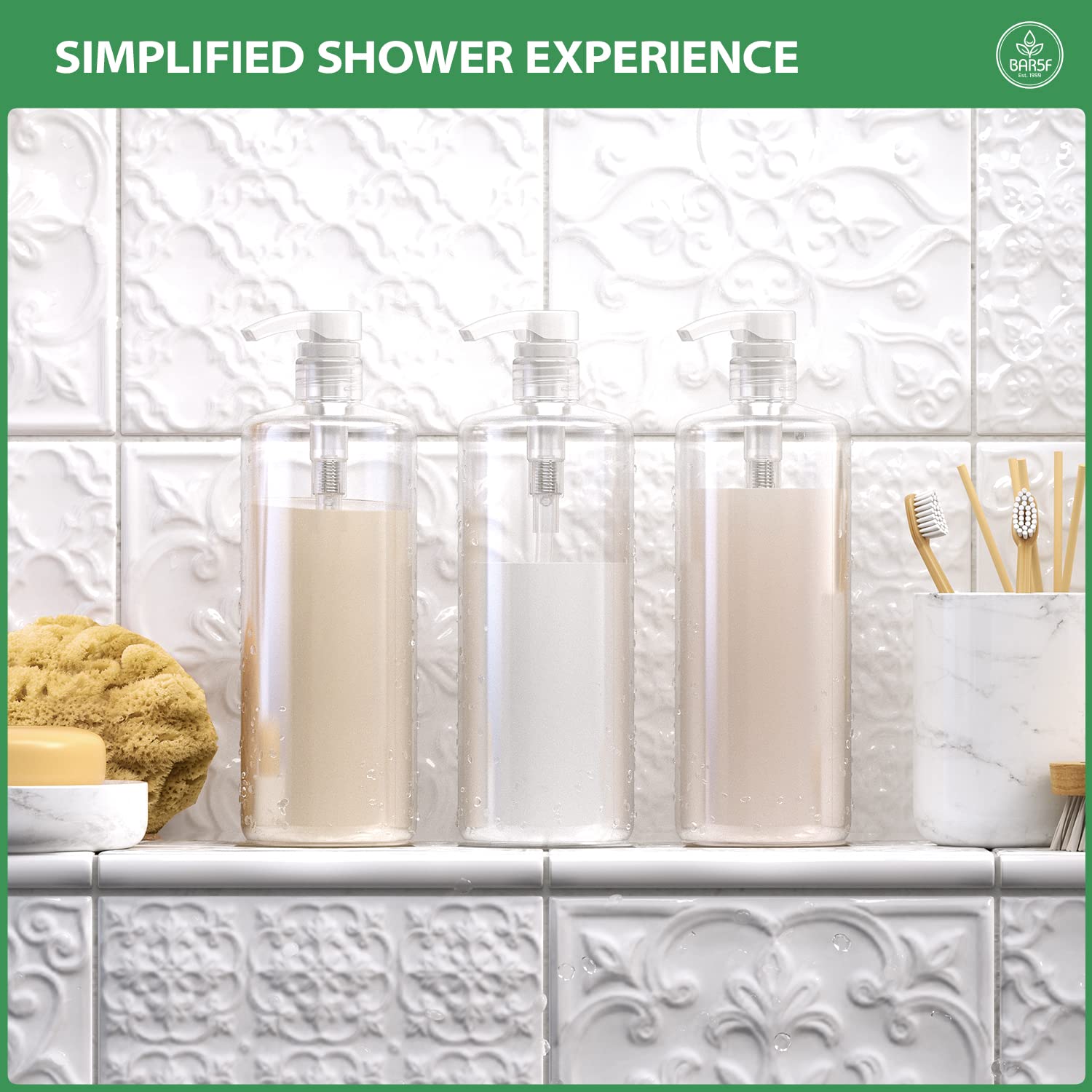 Bar5F Universal Shampoo/Conditioner Dispenser Pump for 1 Liter (33.8 Oz) Bottles - Natural Clear, Pack of 2