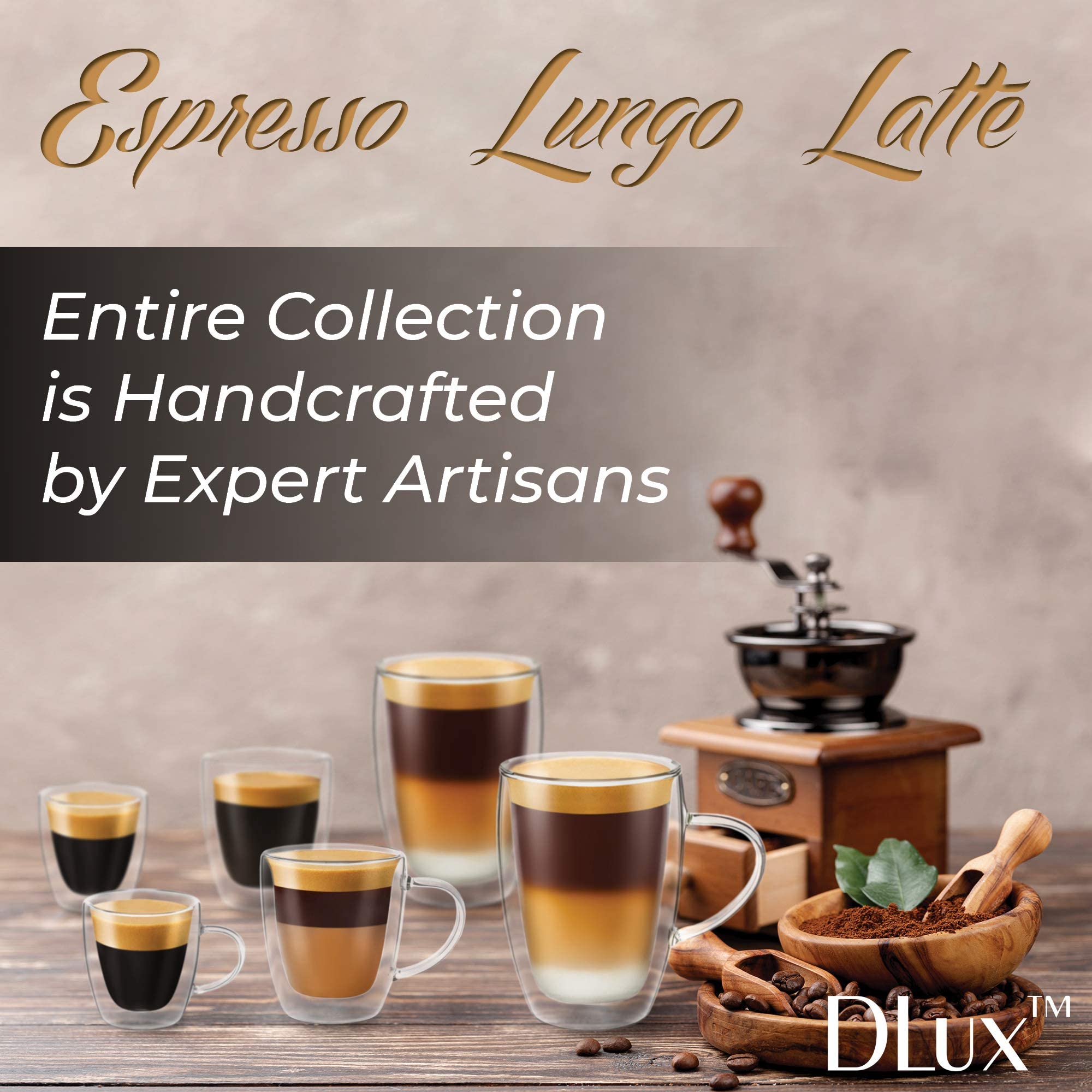 DLux Coffee Mugs, 5.4oz Latte Clear Glass Set of 2 Cups, Lungo Double Wall Insulated Borosilicate Glassware Cup - Wine, Tea Glasses