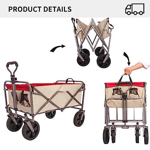 Folding Wagon Cart Beach Wagon Utility Wagon Cart Outdoor Heavy Duty Garden Portable Hand Cart with All-Terrain Wheels & Adjustable Handle (White+Red)
