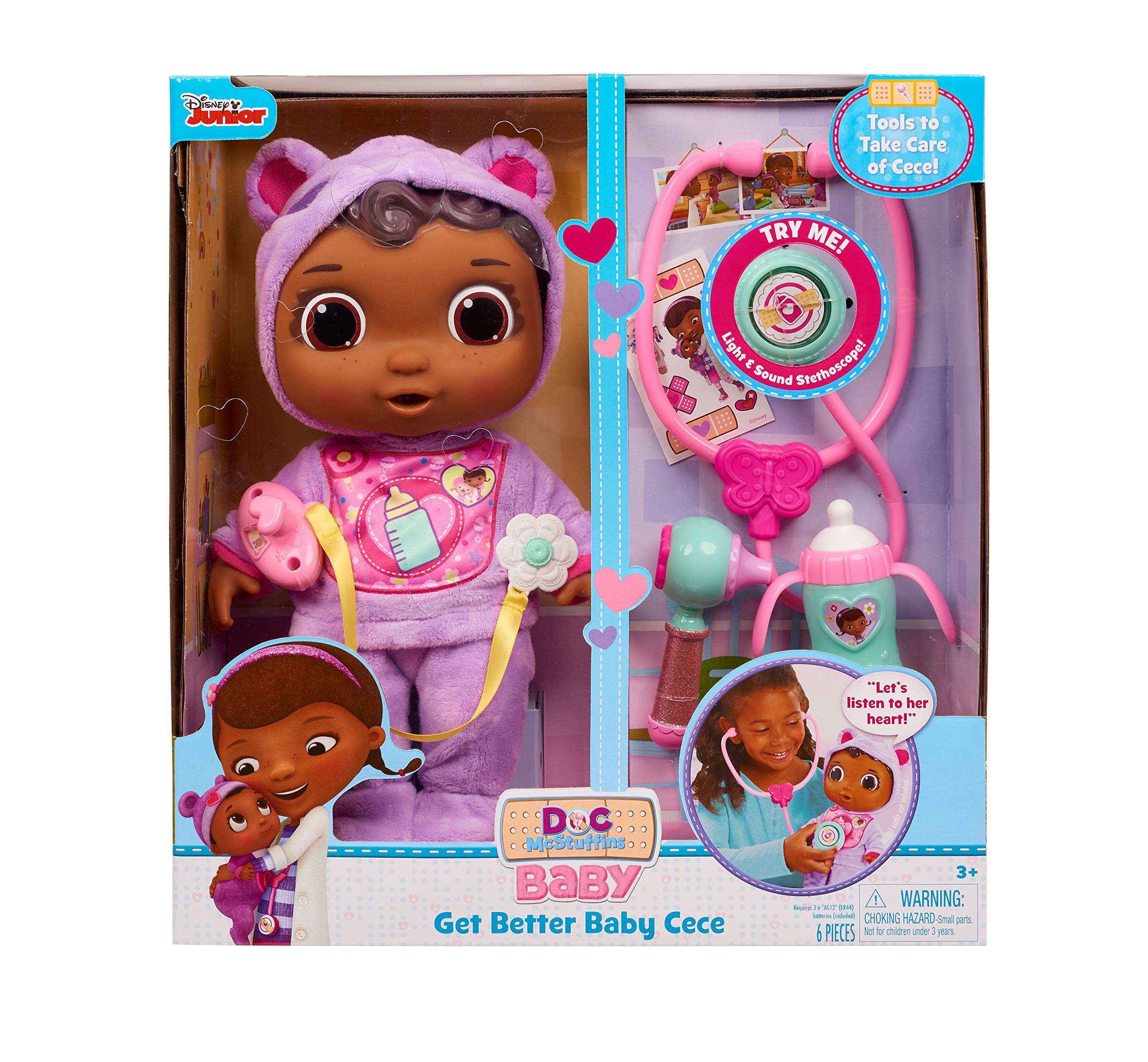Doc McStuffins Disney Junior Get Better Baby Cece Doll with Lights and Sounds Stethescope and Doctor Accessories, Kids Toys for Ages 3 Up by Just Play