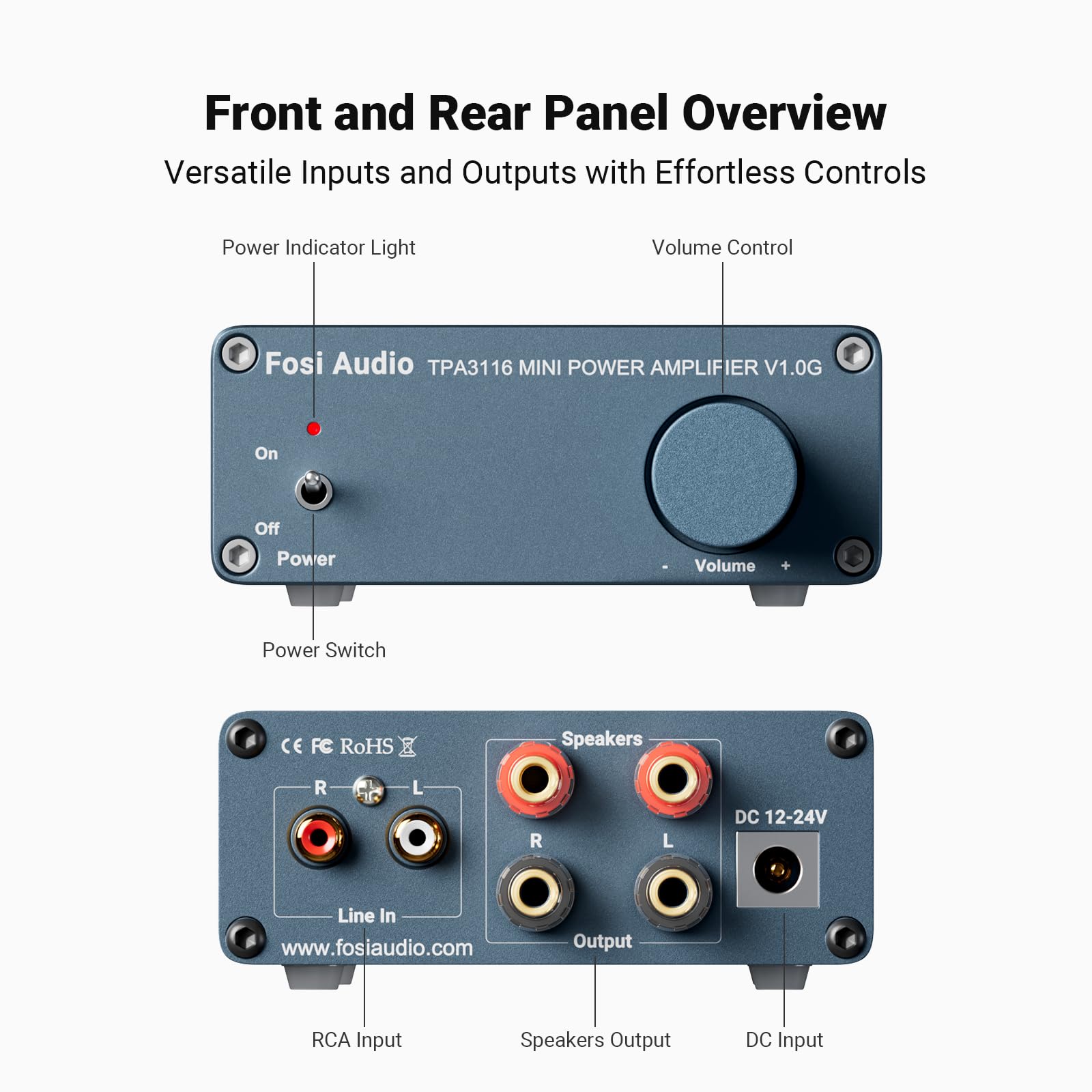 Fosi Audio V1.0G 2 Channel Class D Mini Stereo Amplifier for Home Speakers TPA3116 50W x 2 with Power Supply