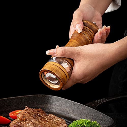 Funly mee 2 Pack Farmhouse Manual Wood Salt and Pepper Grinder Mills Sets, Refillable Mill Sets with Clear Acrylic Window - 6.5 In (6.5 inch Brown)