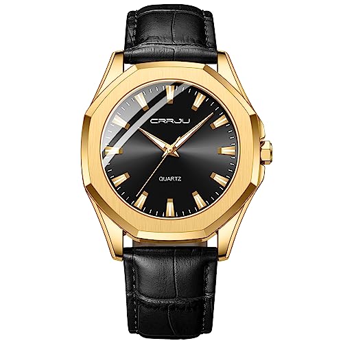 CRRJU Men's Fashion Luxury Classical Golden Watches for Men Business Simple Luminous Analog Quartz Leather Wristwatches