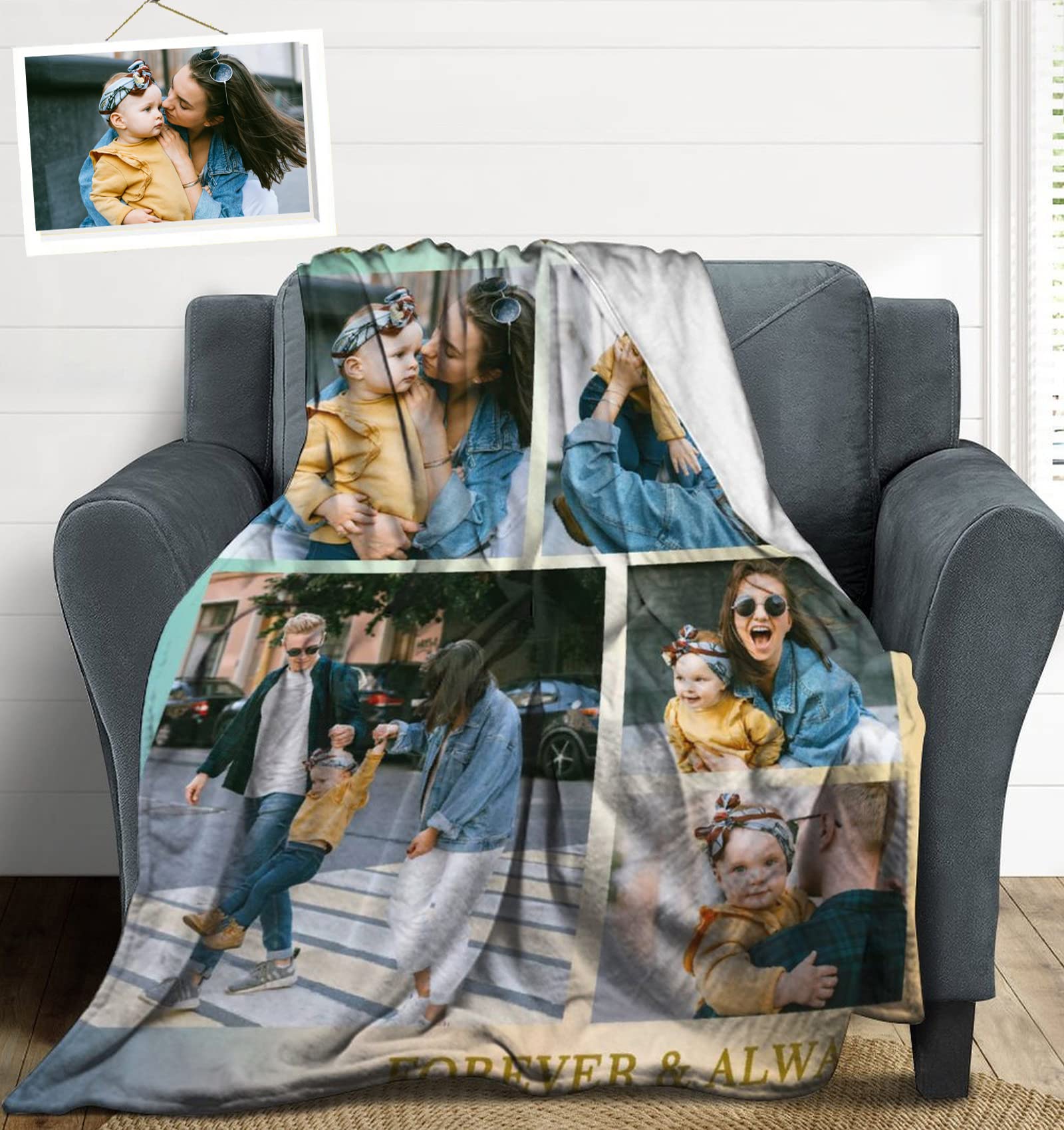 D-Story Custom Blanket with Text Photos,Personalized Customized Picture Blankets for Family Friends Kids Used as Souvenir Birthday Gifts 5 Photos Collage