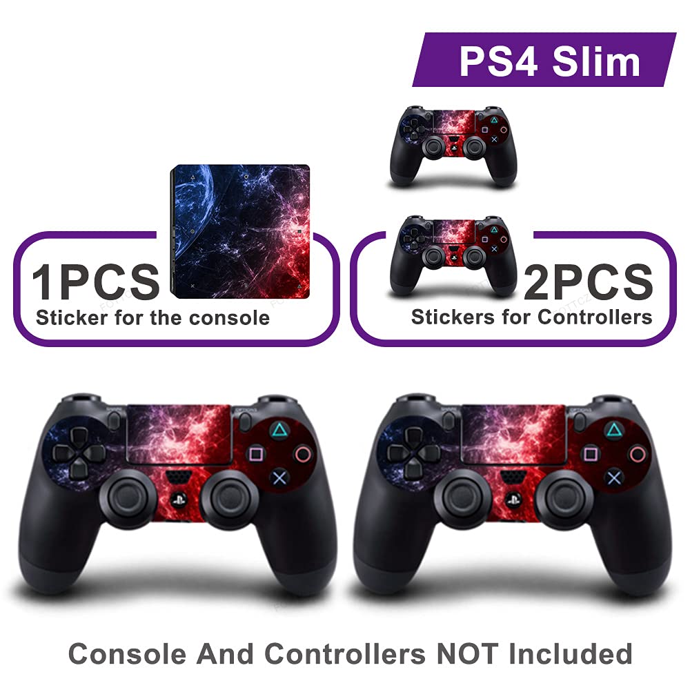 FOTTCZ Full Body Red and Blue Cosmic Nebular Protective Vinyl Skin Decal for PS4 Slim Console and 2PCS Controller Skins Stickers