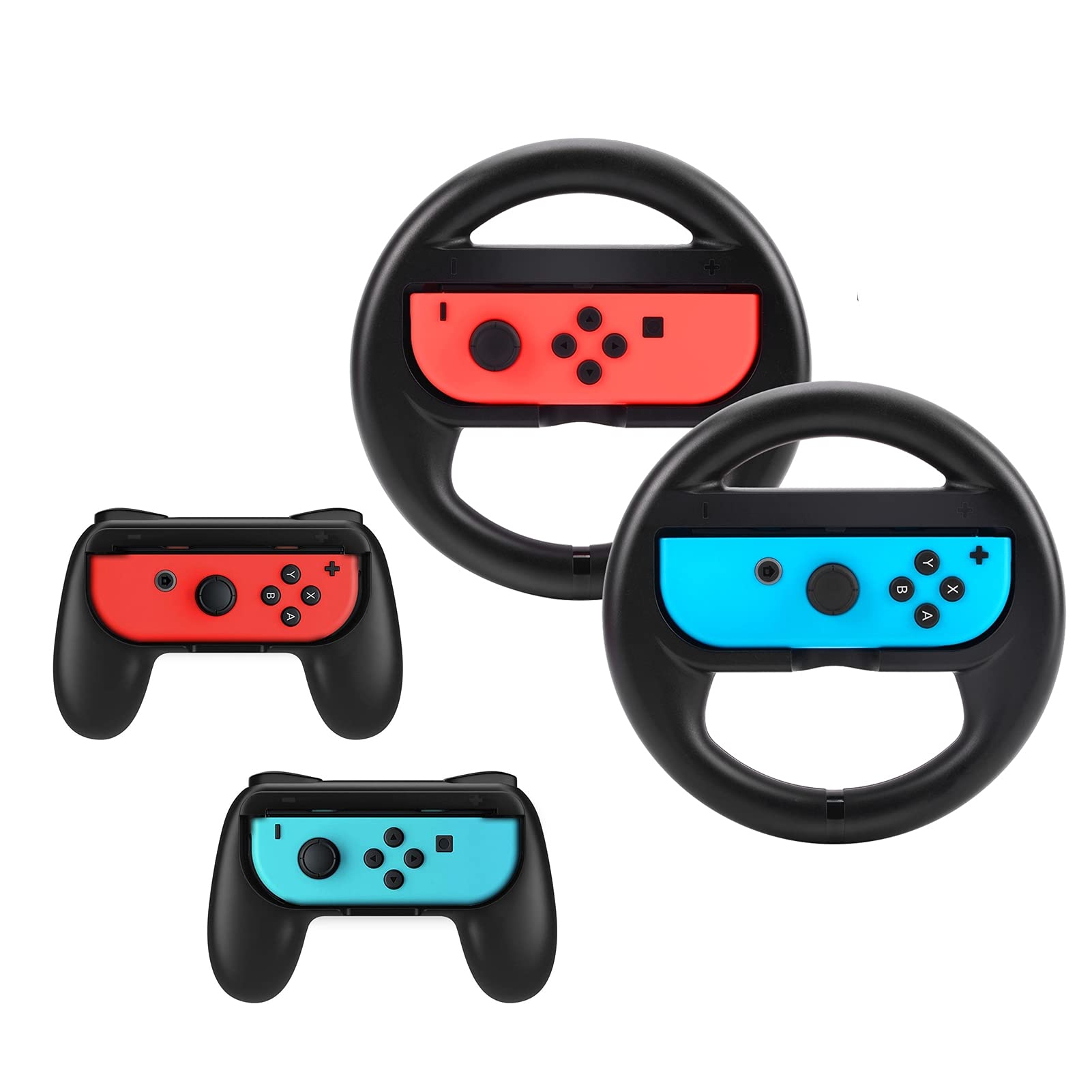 Beastron Racing Games Steering Wheel & Grips compatible with Switch Mario Kart, Joy-Con Steering Wheel & Grips, Red & Blue 4 Pack