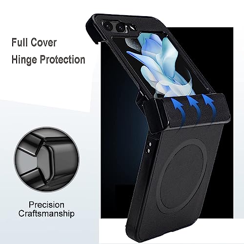 Gufiire for Samsung Galaxy Z Flip 5 Case with Hinge Protection, Front Screen Protector, Carbon Fiber Texture Leather Case Compatible with MagSafe Full Protection Phone Case for Galaxy Z Flip5 (Black)