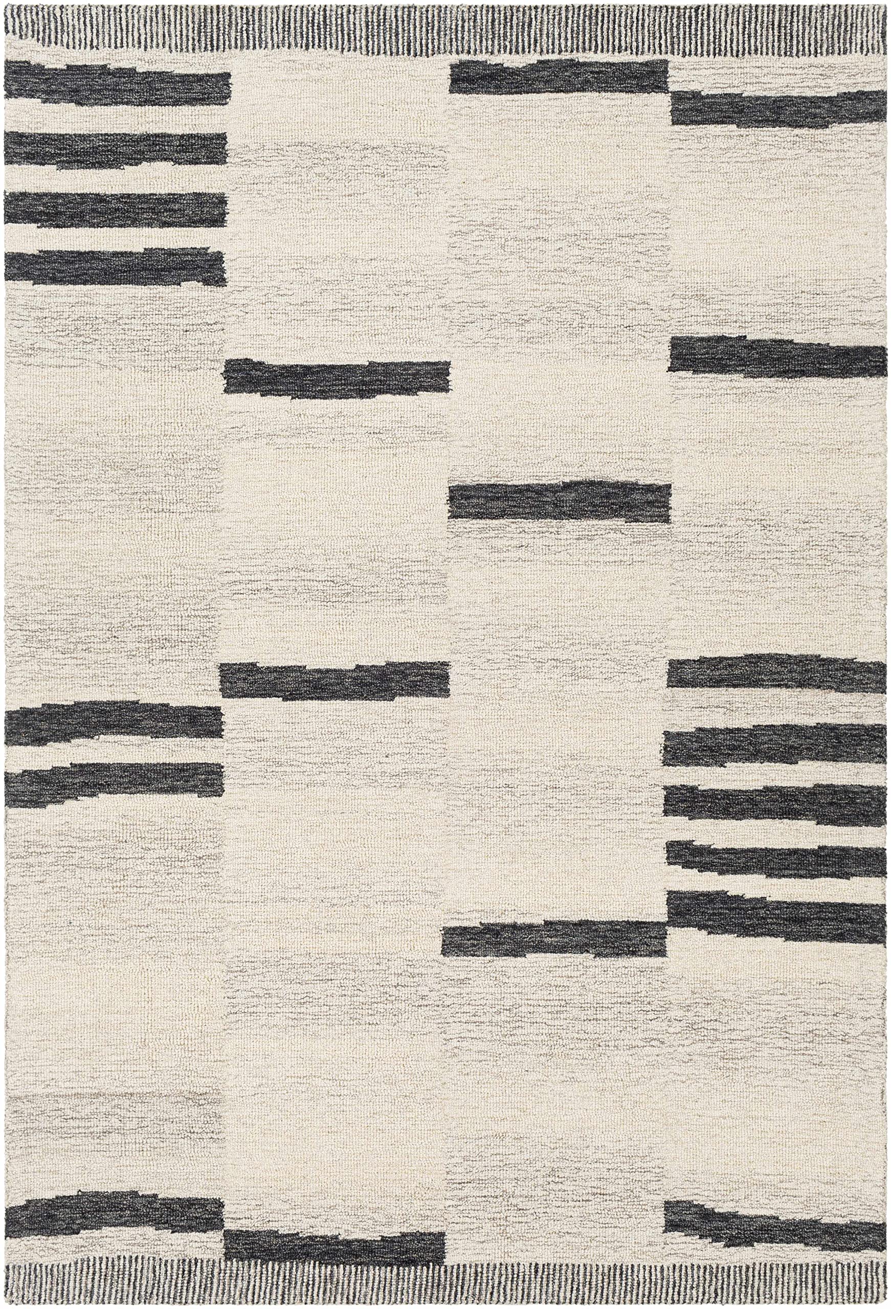 BoutiqueRugs Aibonito Hand Tufted Wool Natural Fiber Soft Large Area Rug - Modern Broken Stripe Carpet for Living Room, Bedroom, Dining Room - Black, Beige, Taupe - 8' x 10' (8x10 Area Rug)