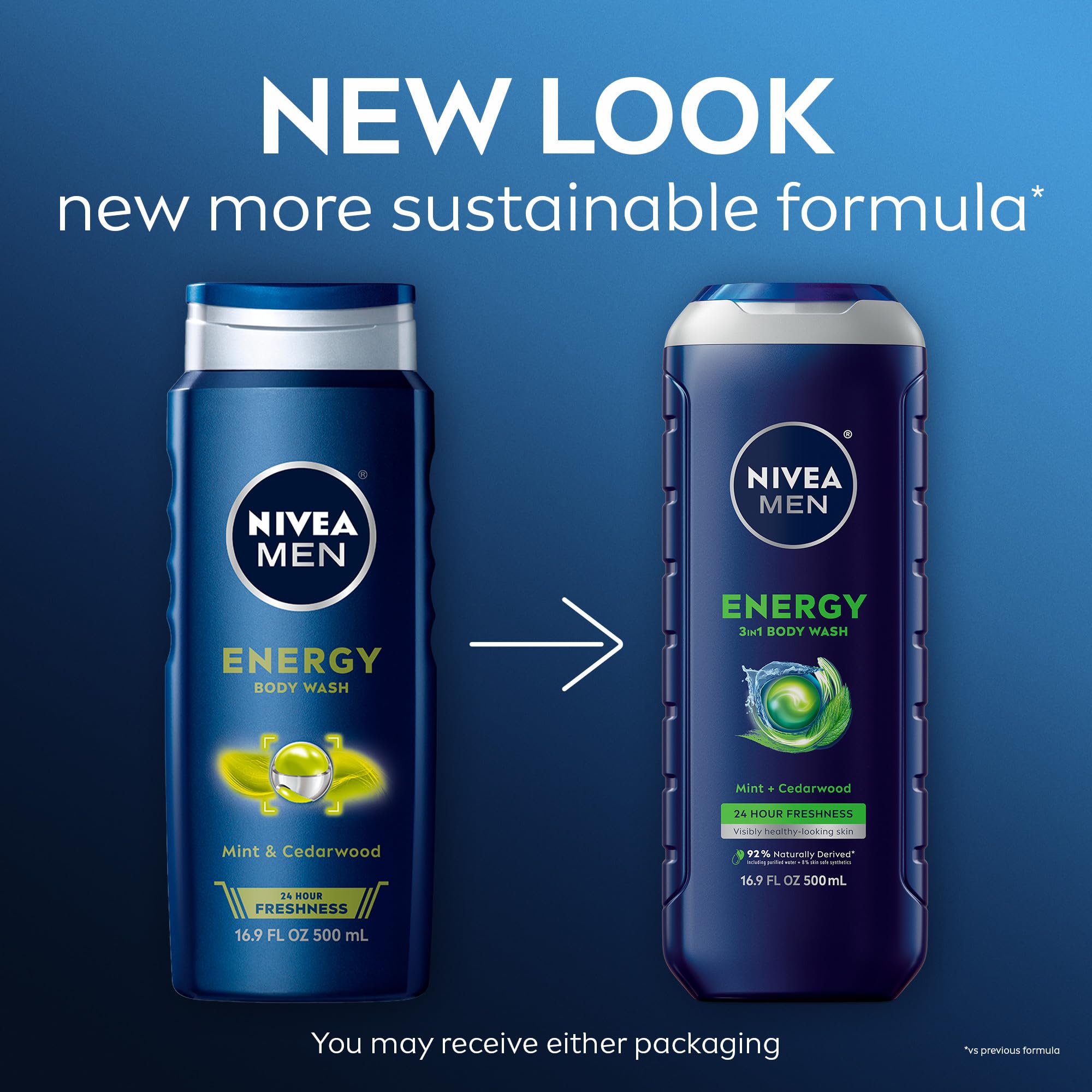 Nivea Men Energy Body Wash with Mint Extract, Cedarwood and Mint Body Wash for Men, 3 Pack of 16.9 Fl Oz Bottles
