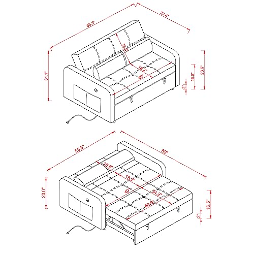 FANYE Twin XL 3-in-1 Tufted Upholstered Daybed Futon Loveseat W/Pull Out Sleeper Bed and USB Ports, 2-Seaters Sofa & Couch Soft Cushions Love Seat Convertible Size Sleep Sofabed for Living Room, Pink