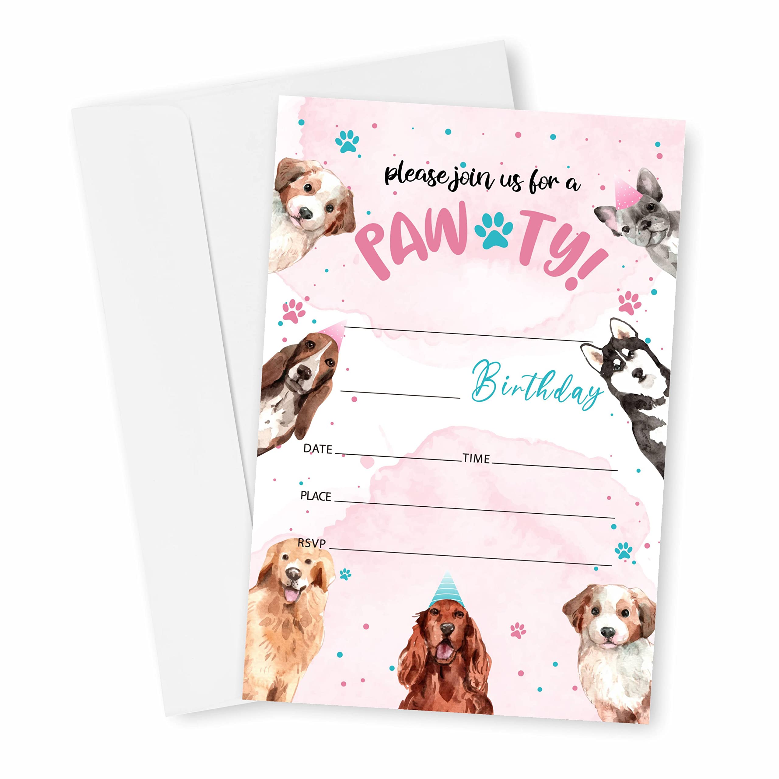 Puppy Birthday Invitations, Let's Pawty Birthday Party Invites Decorations, Dog Birthday Party and Events Supplies, 20 Fill-in Invites Cards with Matching Envelopesļ¼YQK-029ļ¼