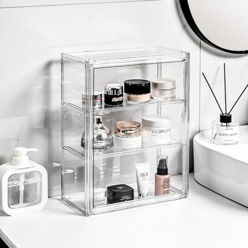 DILIBRA Plastic Wall Mount Organizer, Mountable Acrylic Display Case Storage Bin with Lid, Hanging Basket Storage Boxes Container Bin with Divider for Bathroom Kitchen Pantry Office