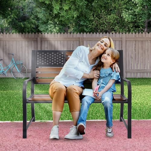 Metal American Flag Patio/Porch Bench with Wooden Slats - 46" Width, 24" Deep Seat