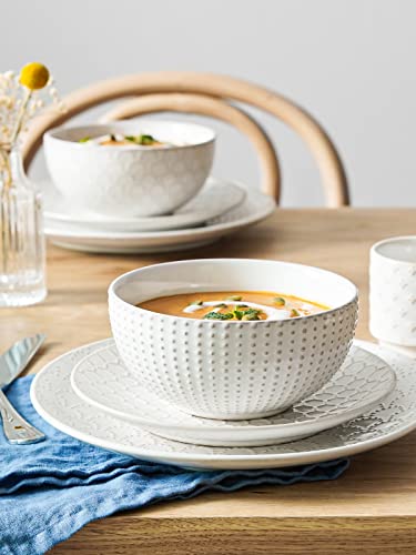 LE TAUCI Dinnerware Sets 12 Piece, Ceramic Plates and Bowls Set, House Warming Wedding Gift, Serve for 4 (10" Dinner Plates + 8" Salad Dish + 22 oz Cereal Bowl) x 4, Dishwasher safe - Arctic White