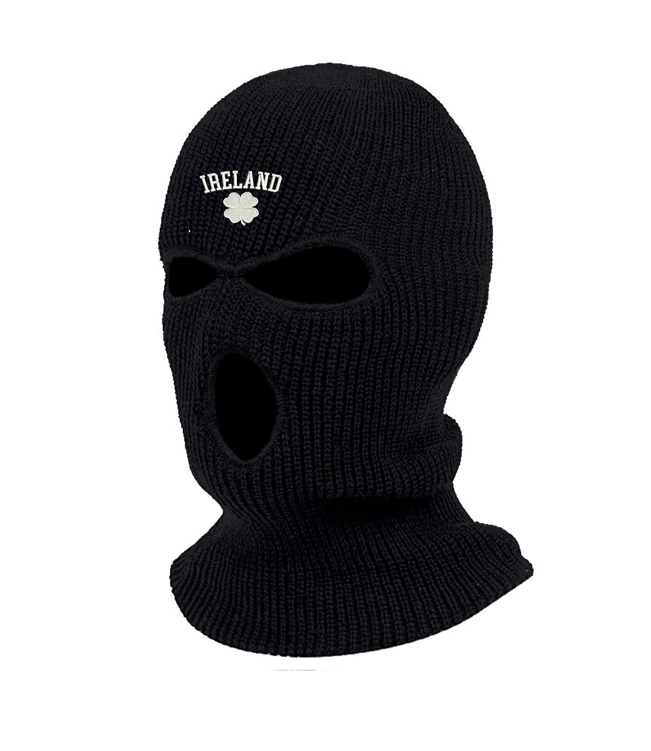 Ireland Ski Mask 4 Leaf Clover Embroidered Three Hole Mask St Patrick's Day Face Cover Shamrock Knitted Balaclava Warm Hat (Black)