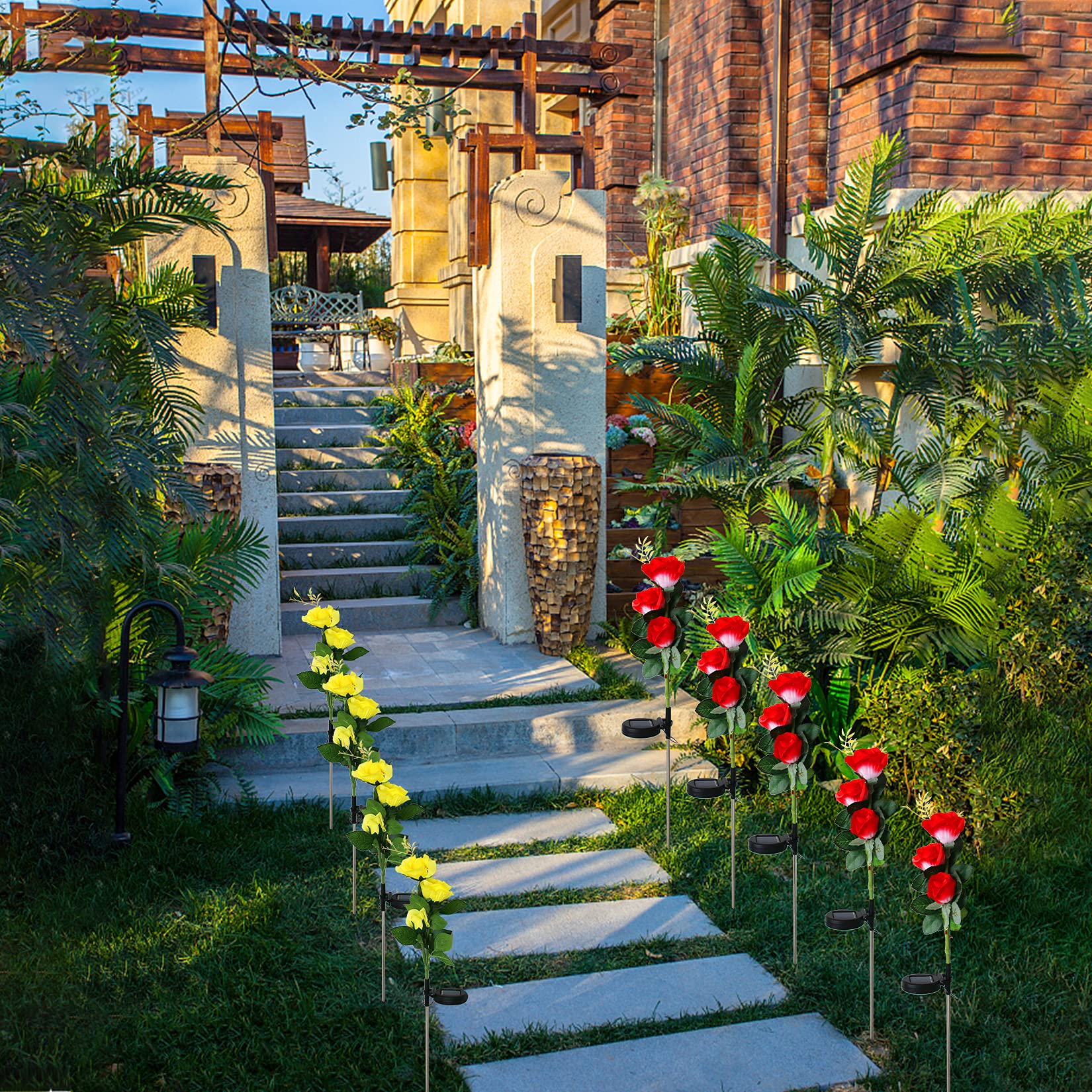 IRmm Outdoor Solar Garden Flower Lights, 2 Pack LED Solar Powered Flowers Lights with 6 Roses, Waterproof Solar Garden Stake Lights for Garden, Patio, Yard, Pathway Decoration (Red+Yellow)