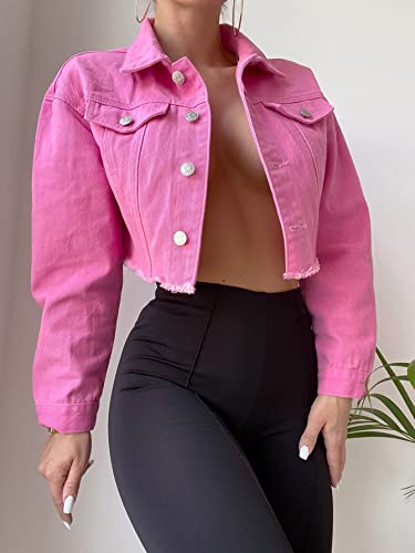 Floerns Women's Button Front Ripped Crop Denim Jacket Coat Pink M
