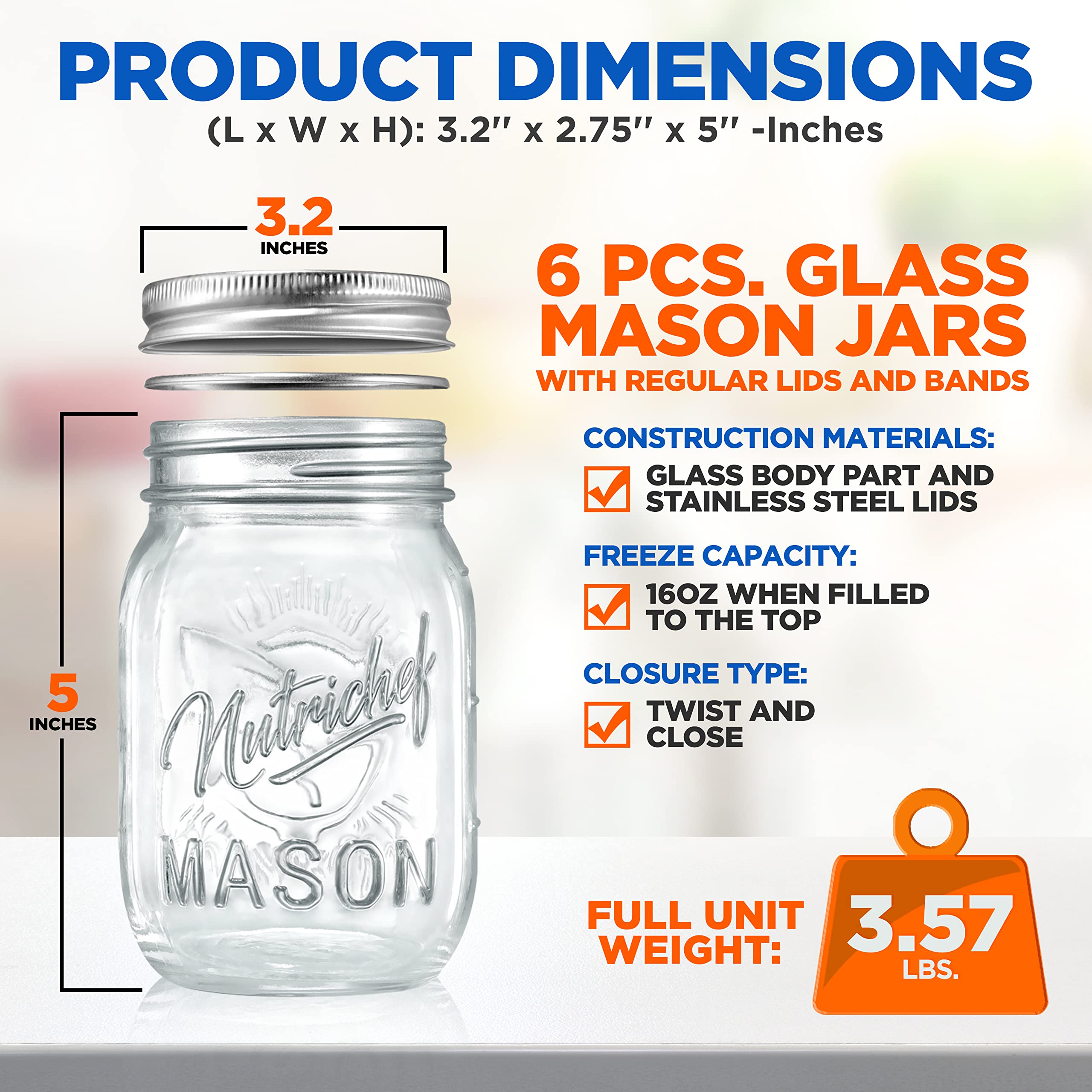 NutriChef 6-Pack 16 oz Mason Jars with Lids - Thick Glass Canning Jars with Stainless Steel Lids - Ideal for DIY Spices, Meal Prep, Overnight Oats, Jelly, Jam, Honey, Candles, Crafts, & More