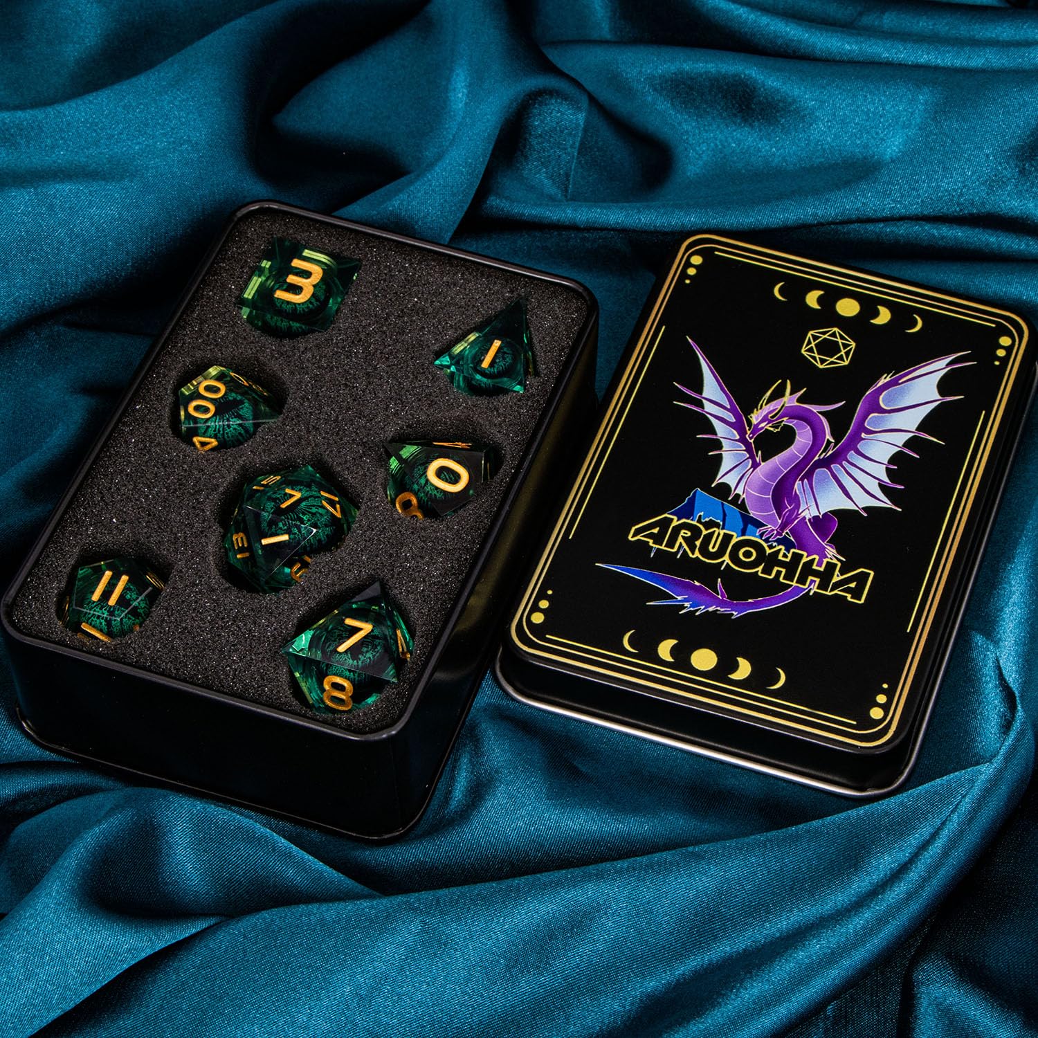 ARUOHHA Dragon Eye DND Dice, Green Resin Sharp Edged Dice Set with Gift Box, Dungeons and Dragons Liquid Core Dice RPG Handmade Polyhedral D&D Dice Role Playing Game D and D Dice D20 D12 D10 D8 D6 D4