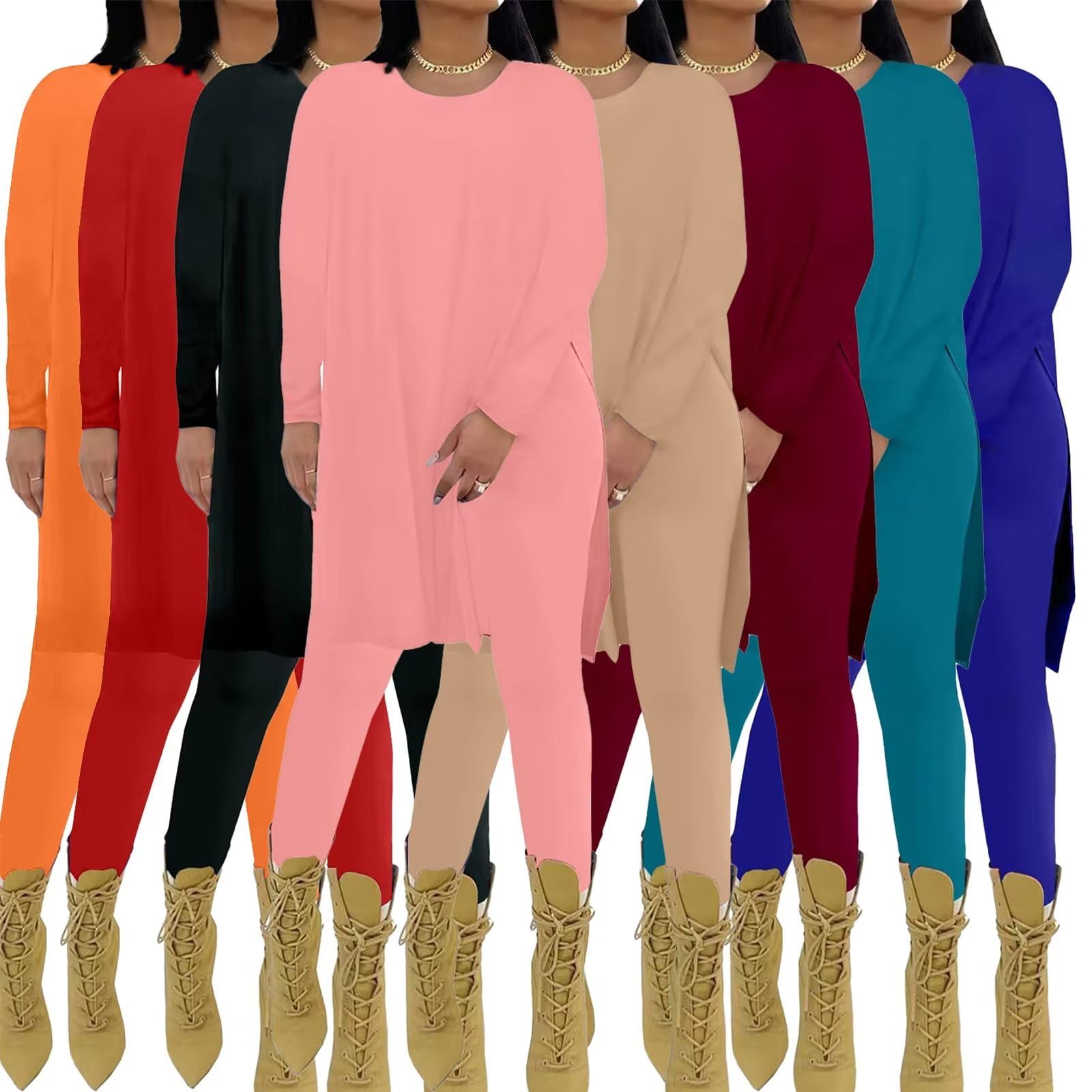 AXOSY Women Plus Size 2 Piece Outfits Sweatsuits O Neck Tunic Tops Skinny Pants Tracksuits Sets Brown,Small