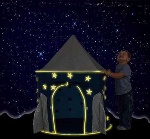 FoxPrint Rocket Ship Tent - Space Themed Pretend Play Tent - Space Play House - Spaceship Tent For Kids - Foldable Pop Up Star Play Tent Blue