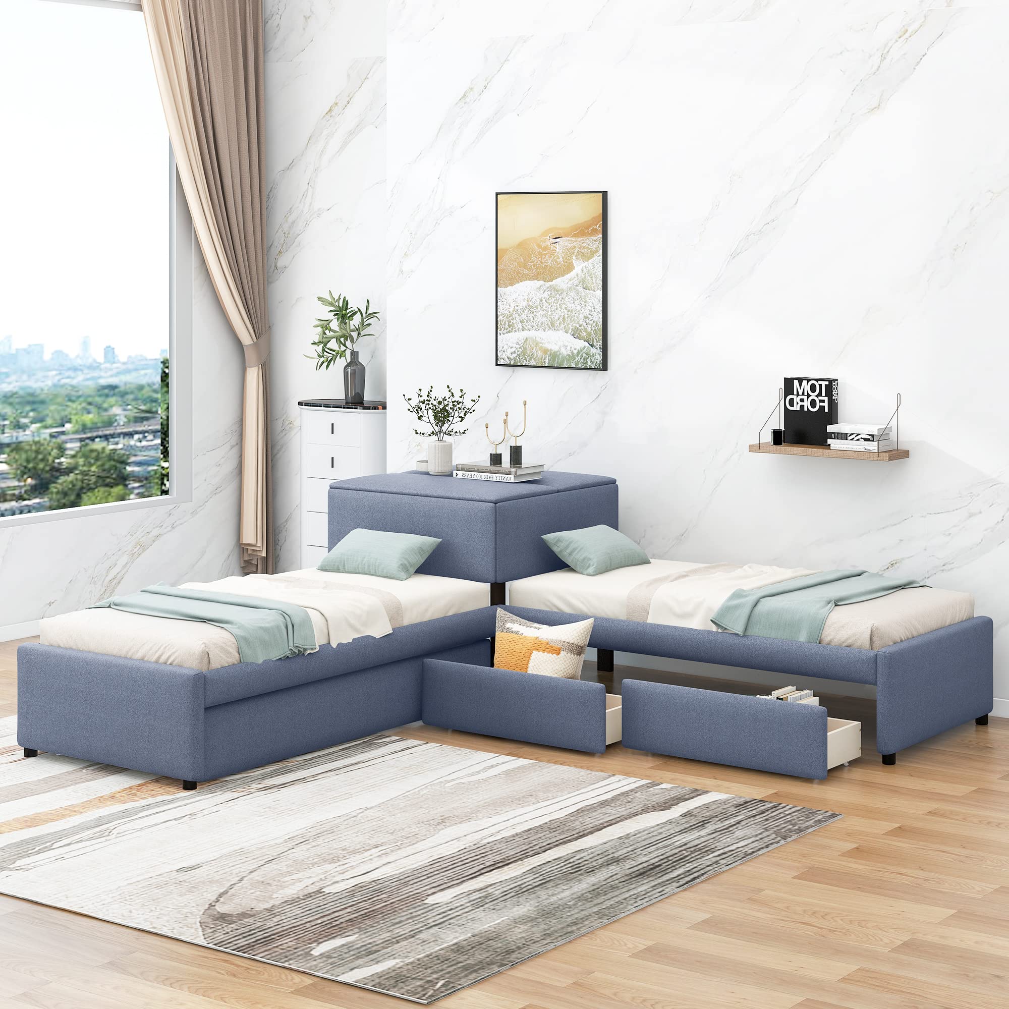L Shaped Upholstered Platform Bed with Trundle and Two Drawers Linked with Built-in Desk, Solid Wood Bed Frame Twin Size (Twin, Gray)