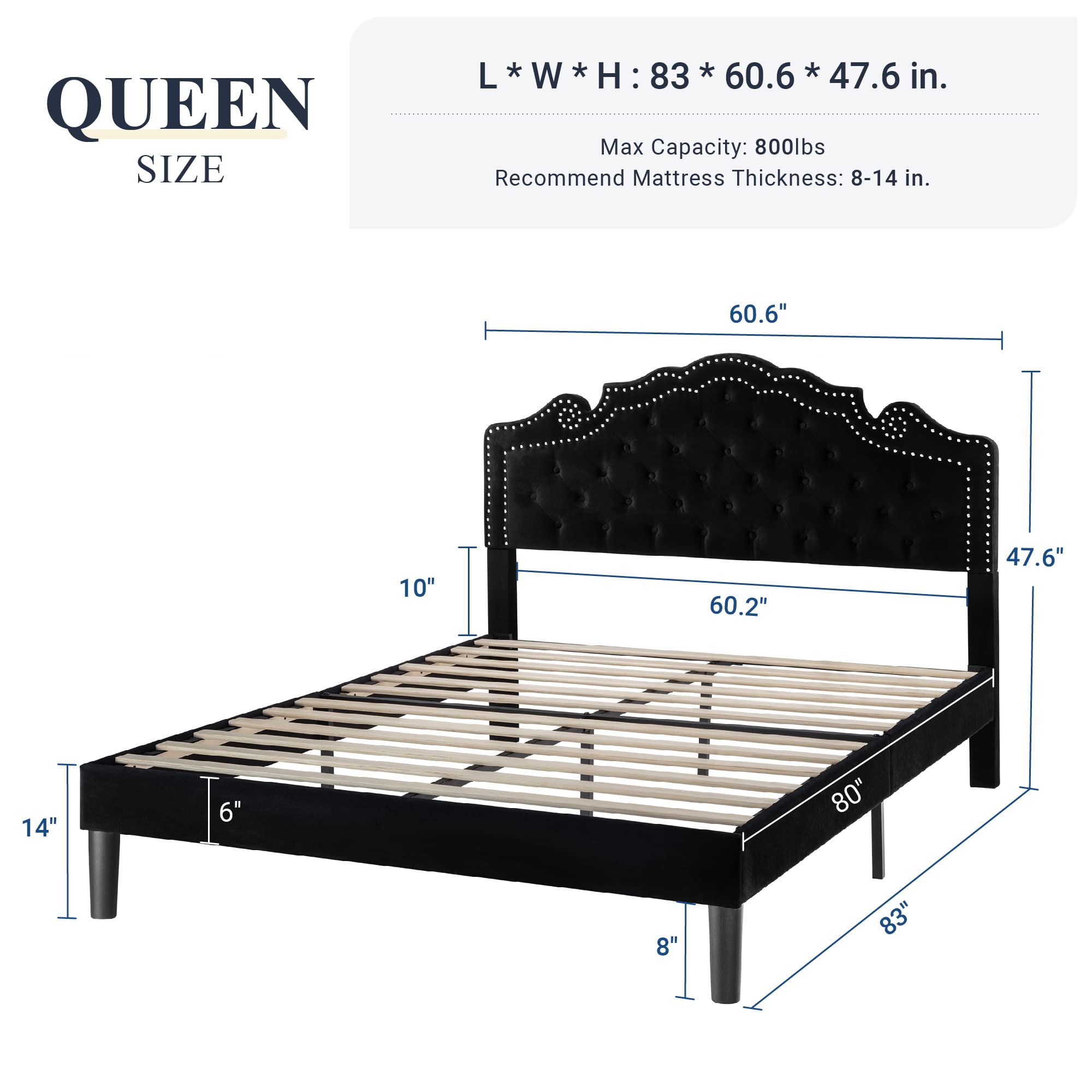 Allewie Queen Bed Frame with Velvet Tiara Headboard, Upholstered Diamond Button Tufted Platform Bed, Sturdy Wood Slats Support, No Box Spring Needed, Mattress Foundation, Easy Assembly, Black