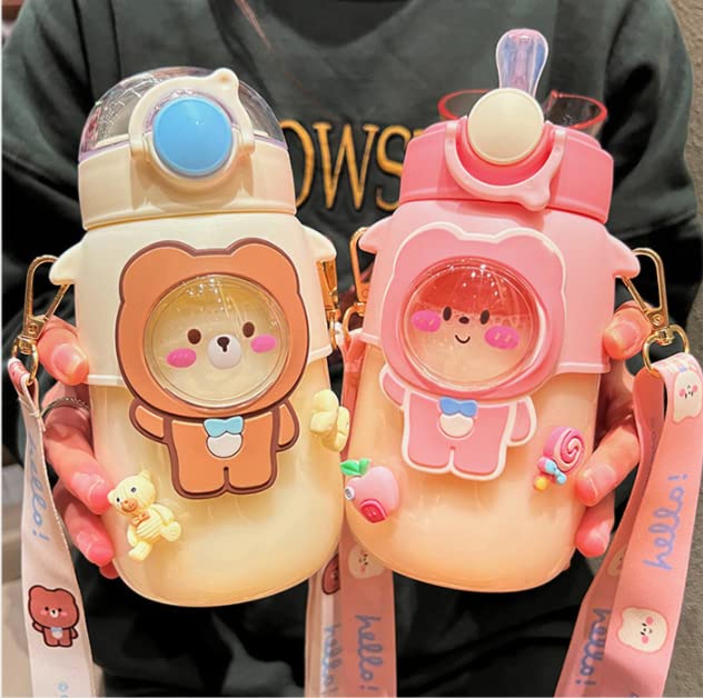 excvalues Kawaii Water Bottle with Straw and Strap, Cute Water Bottles with 3D Stickers, Large Capacity Leak-Proof Bottles for Girls School (White)