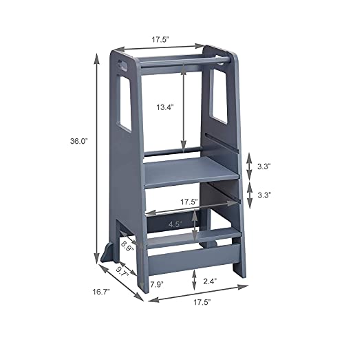 Kid's Wooden Kitchen Step Stool, Adjustable Platform Standing Tower, with Safety Guardrail Child Studying Tower, Toddler Stool for Bathroom, Cooking Helper(Grey)