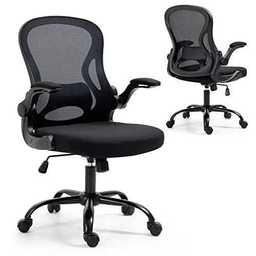 HOMEFUN Desk Chair with Wheels, Black Office Chair, Ergonomic Mesh Rolling Chair with Flip-up Armrests and Lumbar Support, Swivel Task Computer Chair