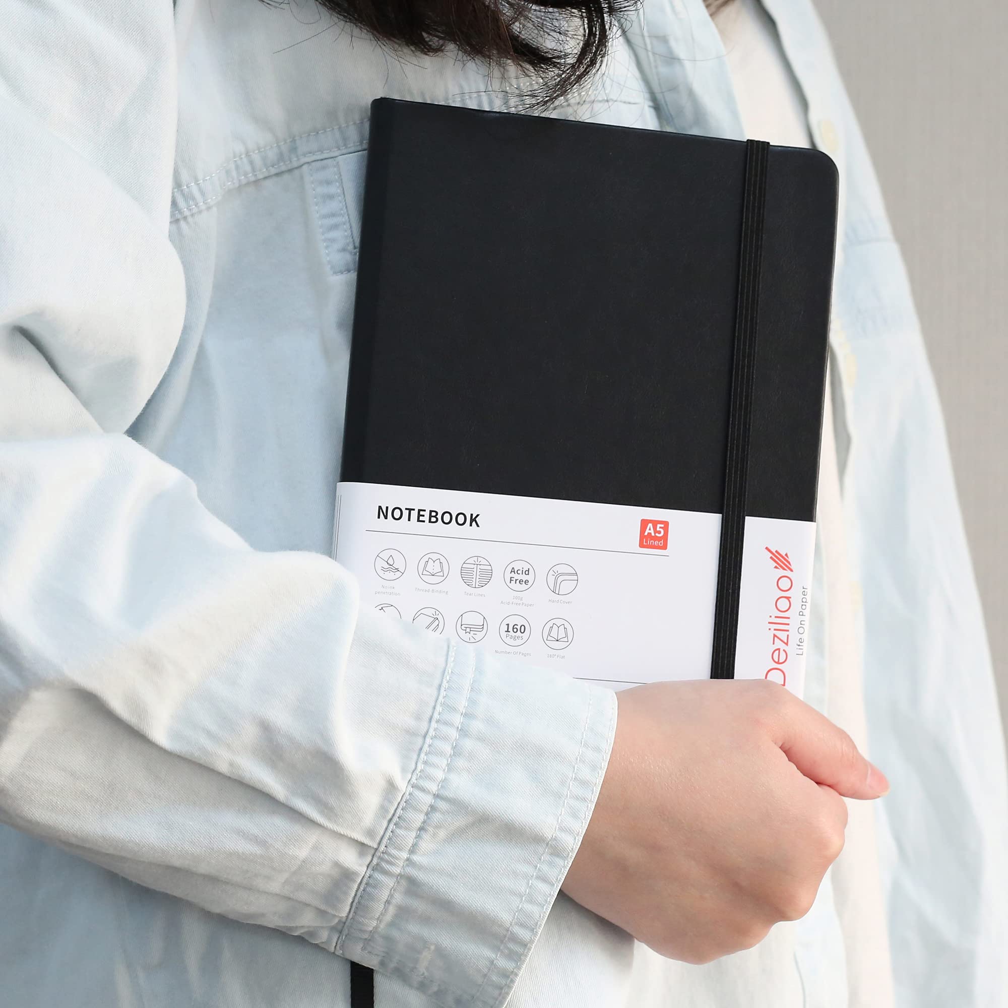 Deziliao Hardcover Notebook Journal 160 Pages, Lined Journal Notebooks for Work, 100Gsm Premium Thick Paper with Pocket, Medium 5.7"x8.4" (Black, Ruled)