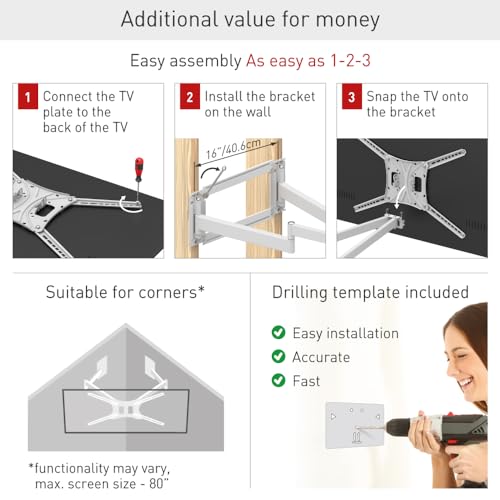 Barkan 40" Long White TV Wall Mount, 13 - 80 inch Dual Arm Full Motion Articulating - 4 Movement Flat / Curved Screen Bracket, Holds up to 110lbs, Extra Stable, Fits LED OLED LCD