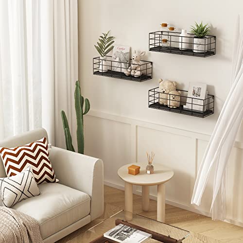 Fixwal 4 Set Floating Shelves Wall Shelves for Storage Hanging Shelves Wall Mounted for Living Room Kitchen and Bedroom Bathroom for Wall Decorative Storage (Black)