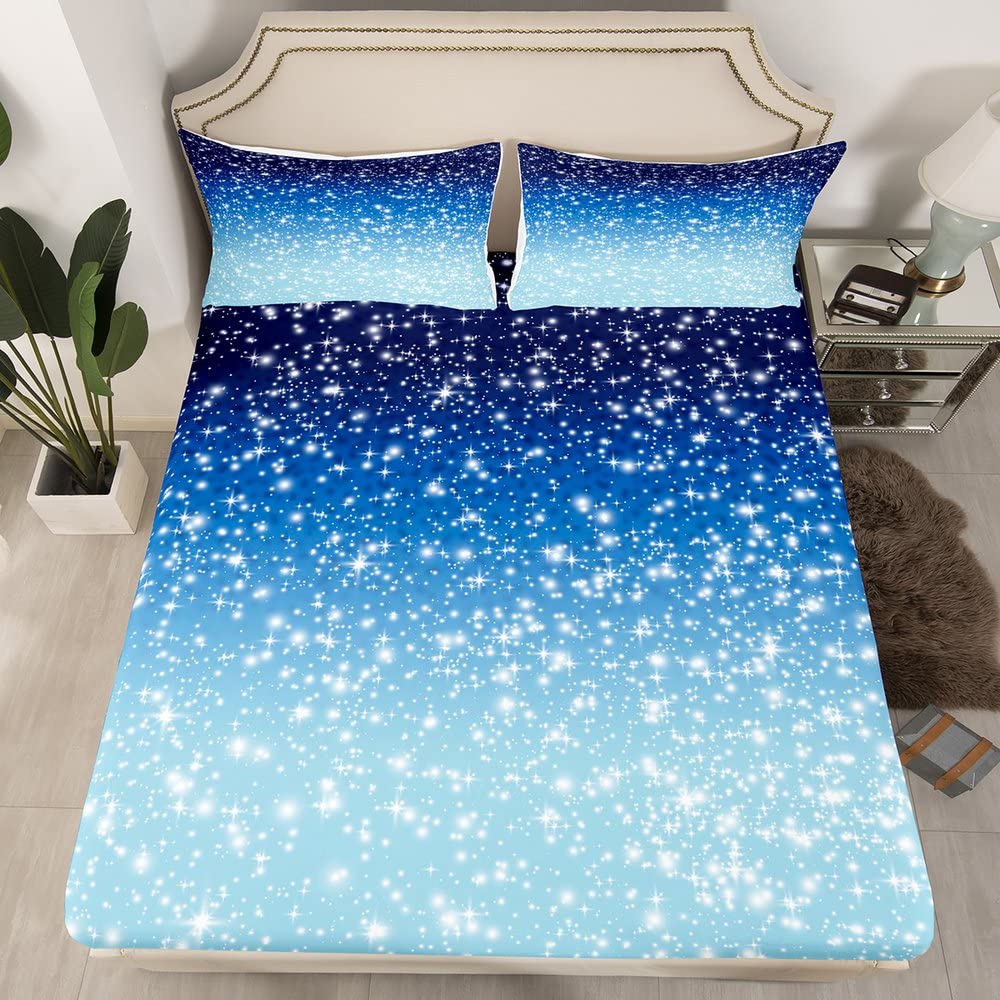 Erosebridal Blue Galaxy Bed Sheets Twin Pastel Dark Blue Ombre Bedding Set,Navy Blue Ombre Fitted Sheet for Kids Boys Girls Teens Bedroom Dorm,Sparkle Glitter Stars Bedding Sets 1 Pillow Case