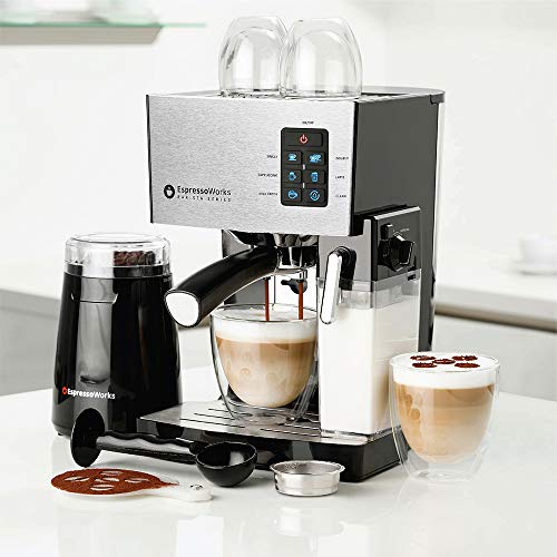 Espresso Machine, Latte & Cappuccino Maker- 10 pc All-In-One Espresso Maker with Milk Steamer (Incl: Coffee Bean Grinder, 2 Cappuccino & 2 Espresso Cups, Spoon/Tamper, Portafilter w/ Single & Double Shot Filter Baskets), 1250W, (Silver)