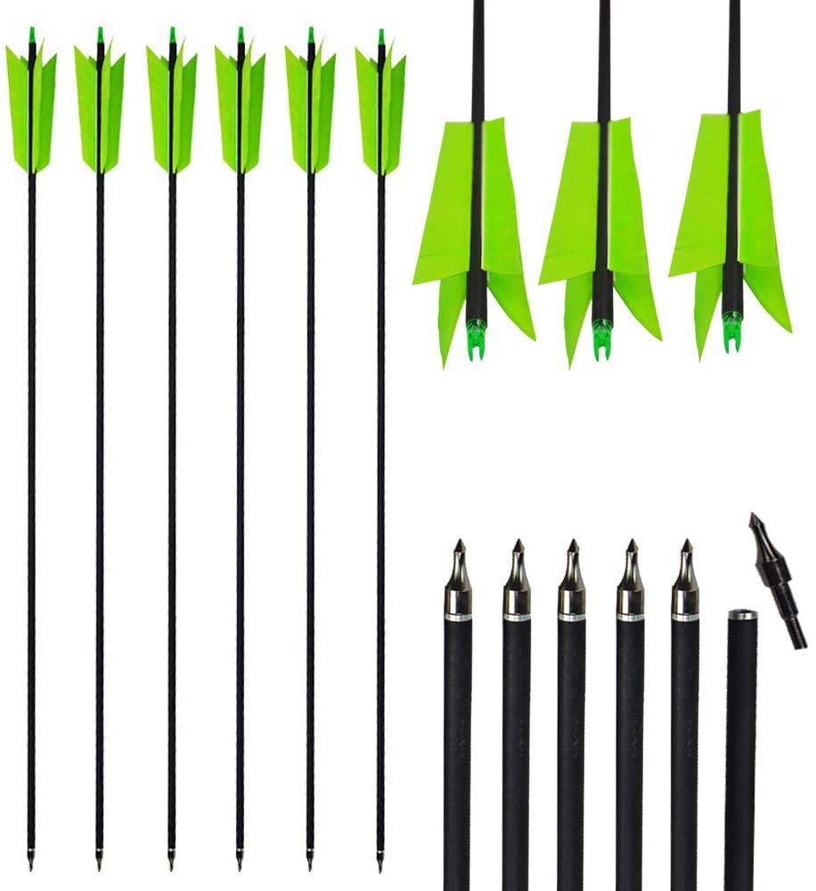 AMEYXGS 12 Pcs Archery Hunting Arrows Mix Carbon 30 Inch Flu Flu Arrows spine 500 Target Practice Arrows with 4 Turkey Feather Replaceable Arrowhead for Outdoor Hunting Shooting(Green)