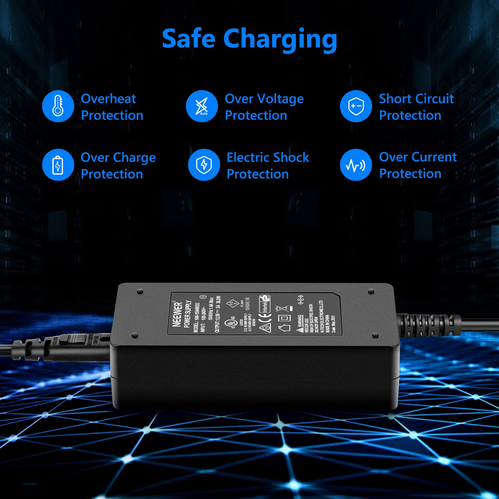 Neewer AC 100-240V to DC 12V 3A 36W Power Supply Adapter with 6.5 feet/2 Meters Power Cable Compatible with 480 LED Video Light and Max. 12V 3A 36W Ring Light, UL Listed (US Plug)