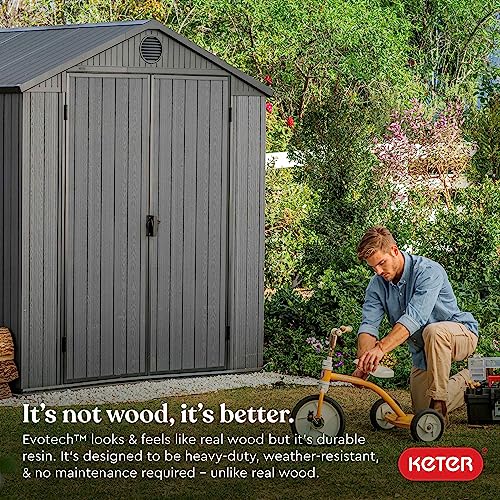 Keter Darwin 6 x 6 Foot Spacious Heavy Duty Outdoor Storage Shed for Organizing Garden Accessories and Tools with Double Doors and High Ceiling, Gray