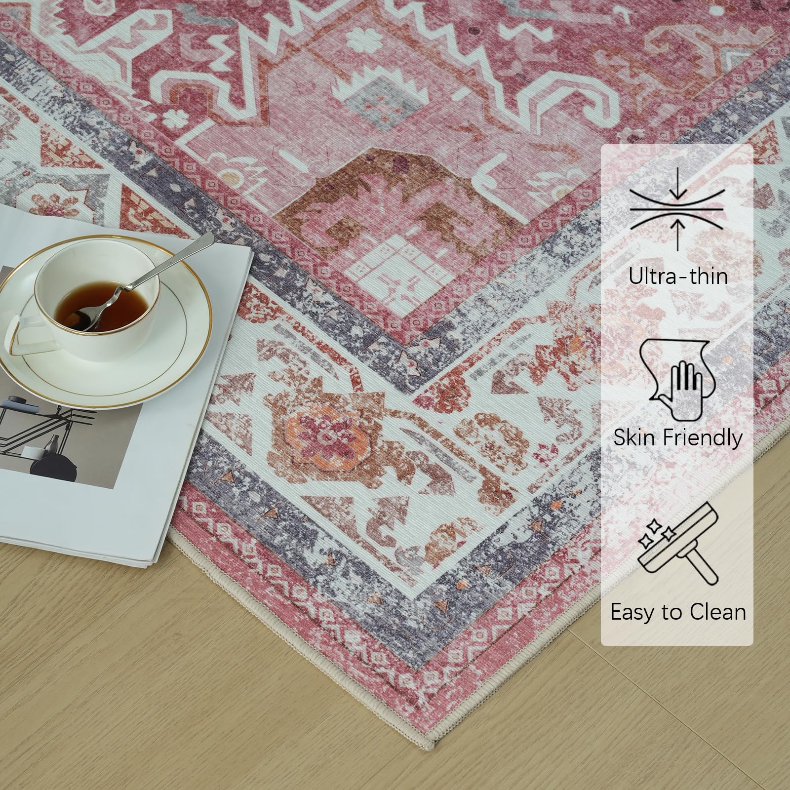 BRICHOEE 8x10 Rugs for Living Room Boho Washable Rug Large Non-Slip Distressed Area Rug Oriental Neutral Print Floor Rug Indoor Stain Resistant, Berry Multi