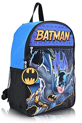 DC Comics BATMAN Boys Backpack for Little Kids | 6 Piece Set Kids Water Bottle Keychains Snack Tote and Knapsack for School (Batman 6Pc)