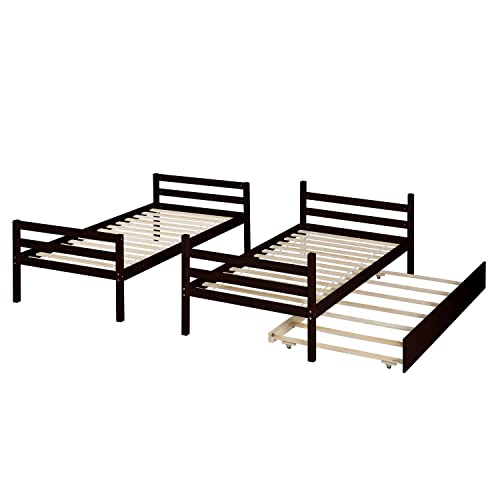 EMKK Twin Over Twin Bunkbed with Trundle,Detachable Bunk Bed with Trundle, Pine Wood Sturdy Frame, Ideal for Kids'Room Guest Bedroom,Gray