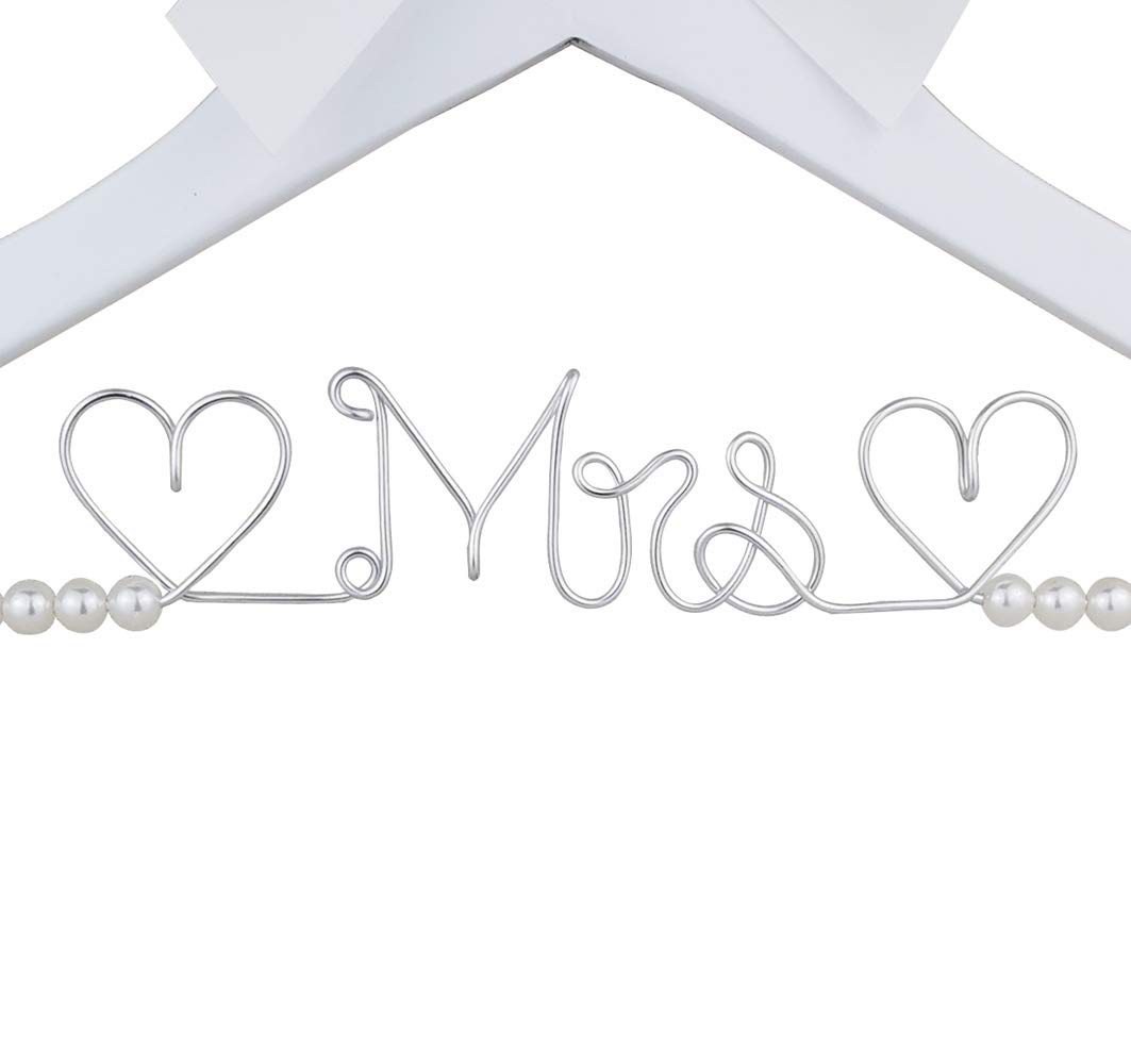 Bridal Dress Hanger Solid Wood Dress Hangers Mrs Letter Hanger Wedding Gift (White Coat Hanger Silver Thread Pearl)
